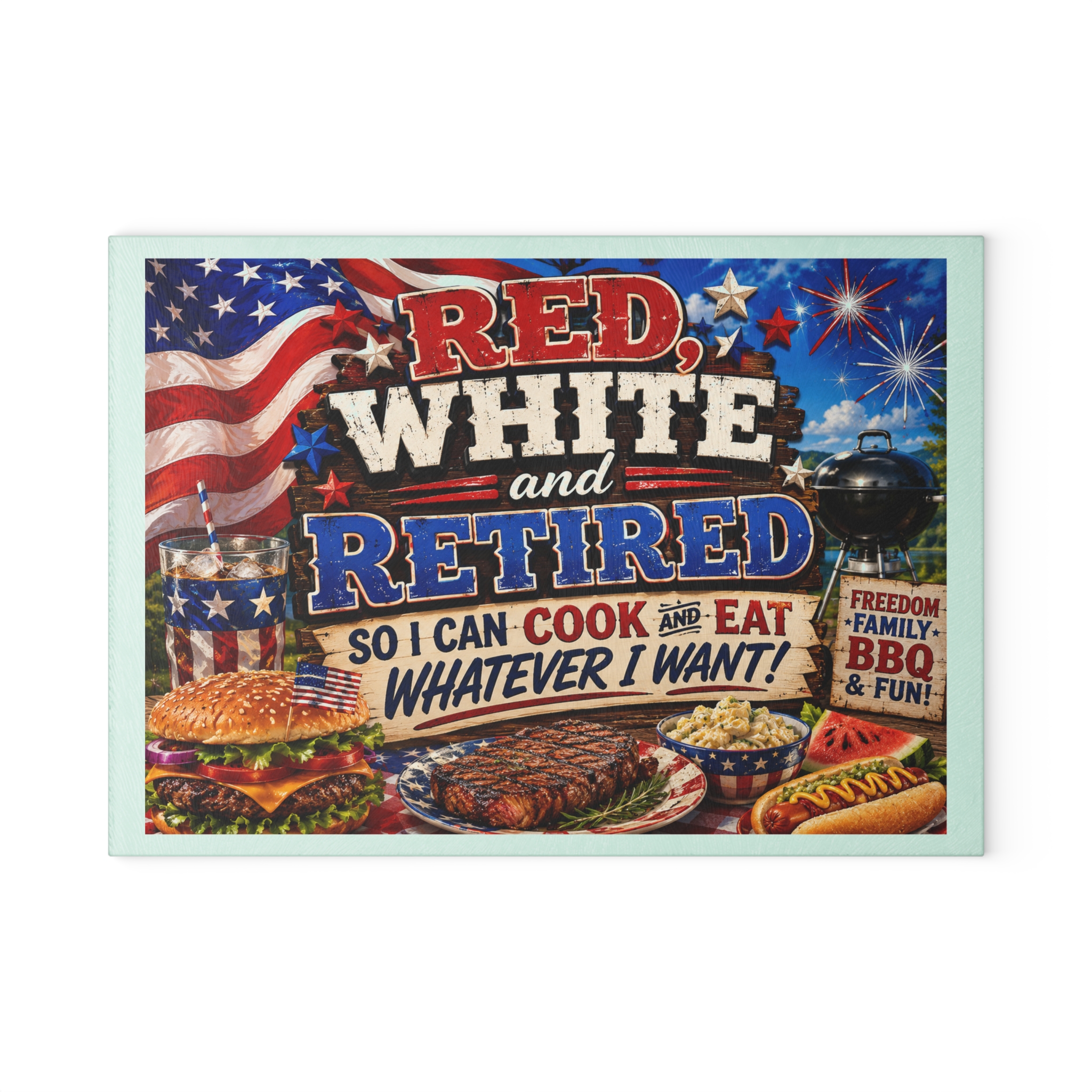 Red, White & Retired ™ Tempered Glass Cutting Board Gather. Grill ...